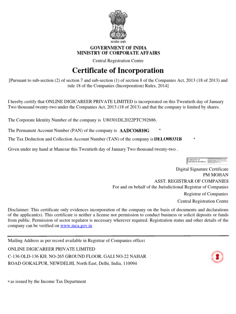 Certificate of Incorporation - India | PDF | Economies | Government