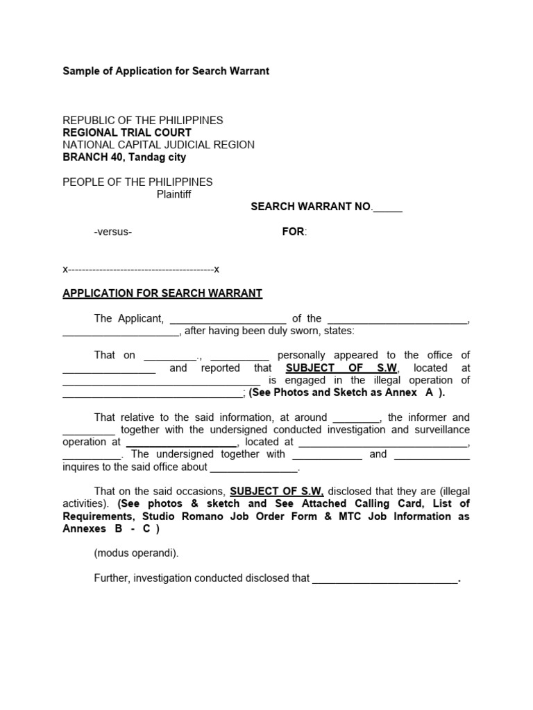 Sample of Application For Search Warrant | PDF | Search Warrant | Justice