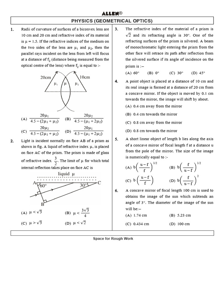 Geometrical Optics Physics Problems | PDF | Optics | Refractive Index
