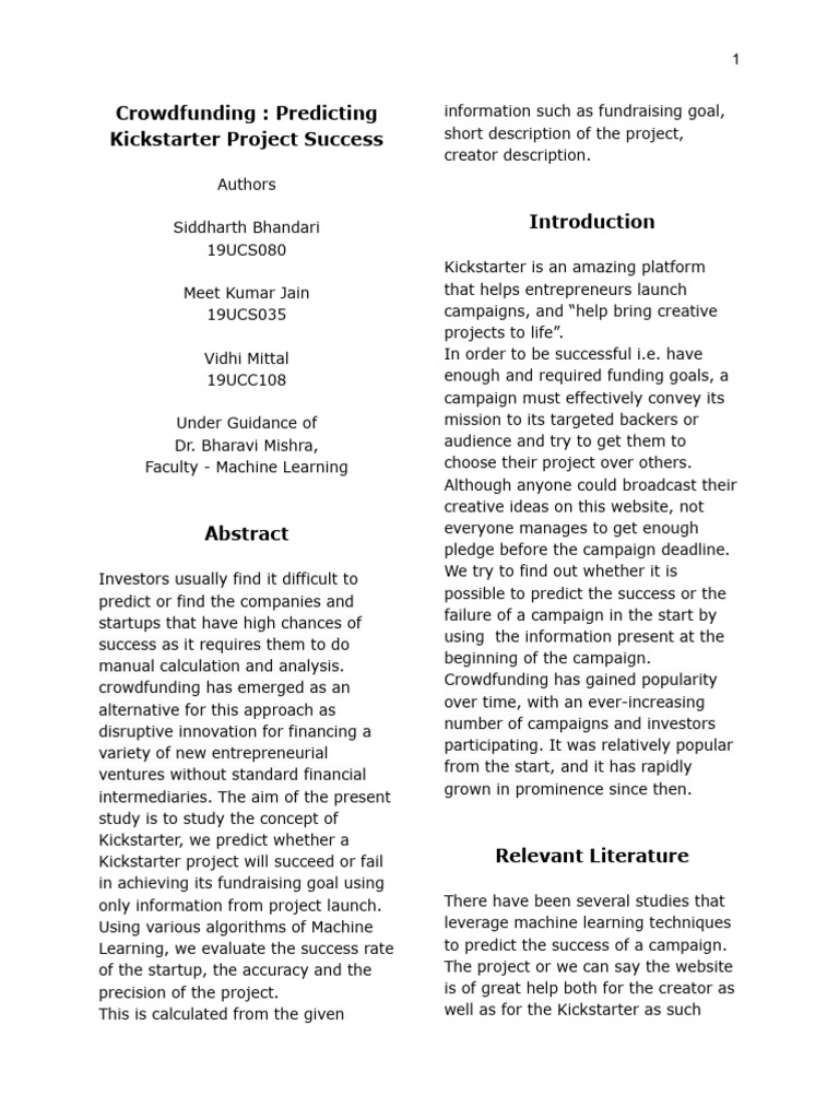 G20 - Crowdfunding Predicting Kickstarter Project Success | PDF | Logistic Regression ...