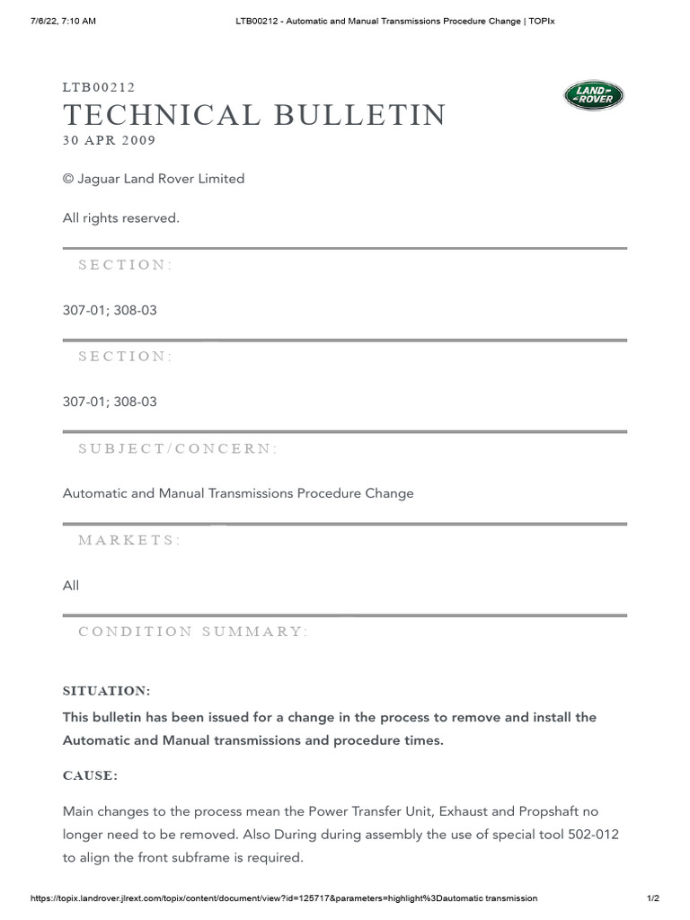 LTB00212 - Automatic and Manual Transmissions Procedure Change - TOPIx | PDF | Automotive ...