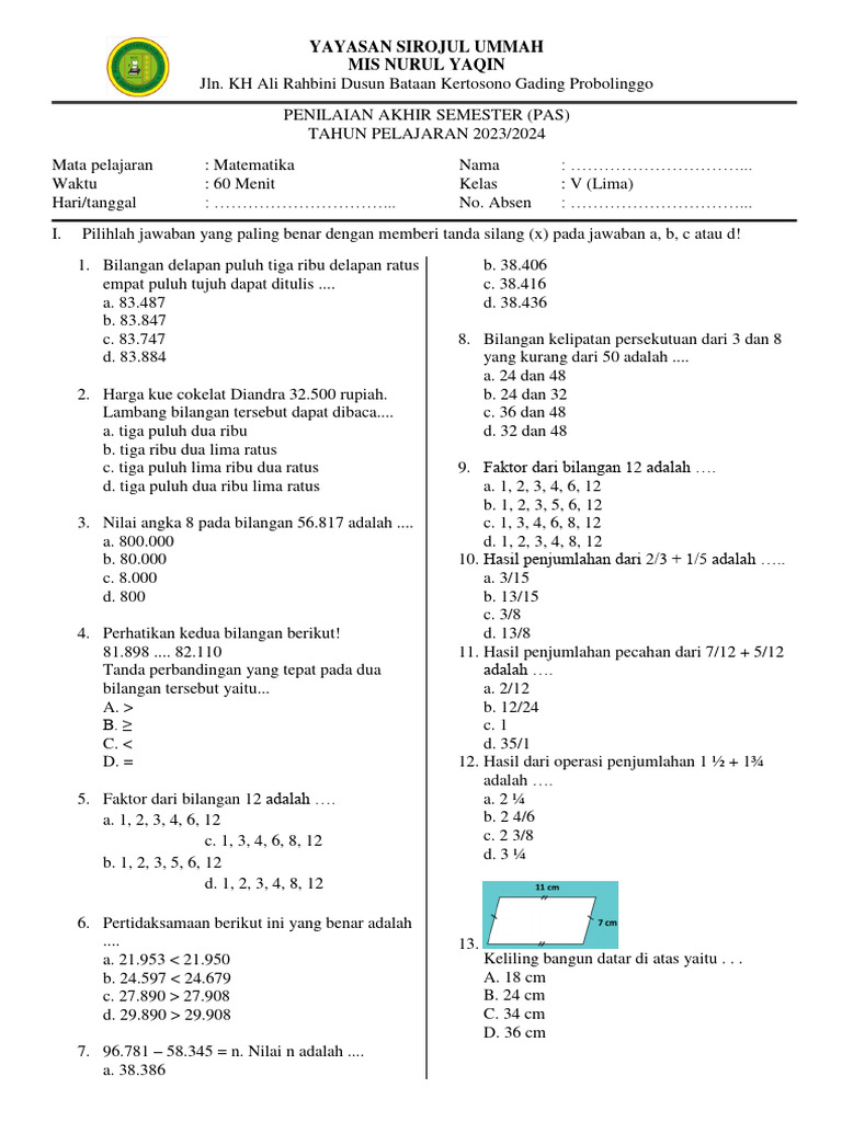 SOAL PAS KELAS 5 Matematika 2023-2024 | PDF