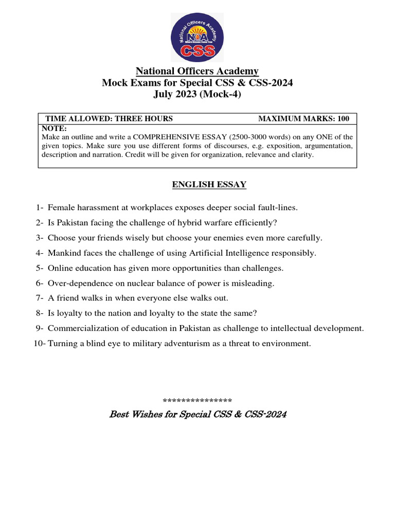CSS Mock Exam: English Essay Topics | PDF