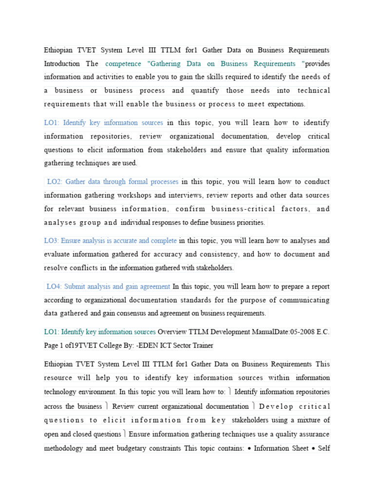 Ethiopian TVET System Level III TTLM For1 Gather Data On Business Requirements Introduction The ...