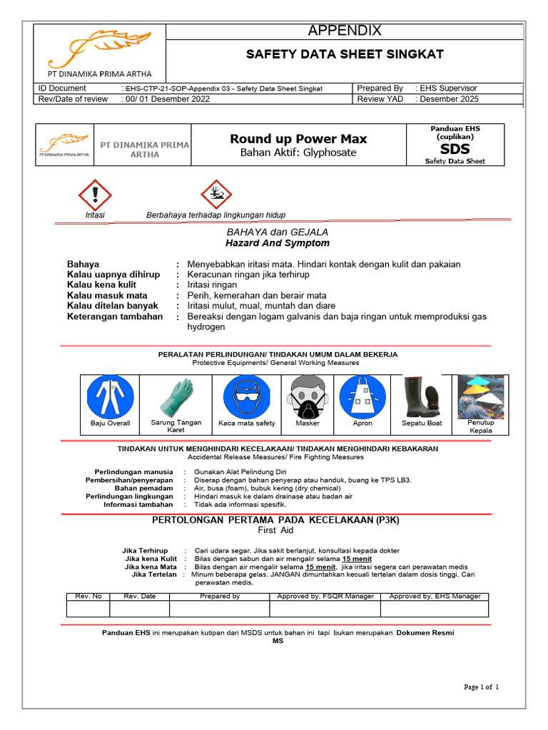 EHS DPA 21 SOP Appendix 03 Safety Data Sheet Singkat | PDF