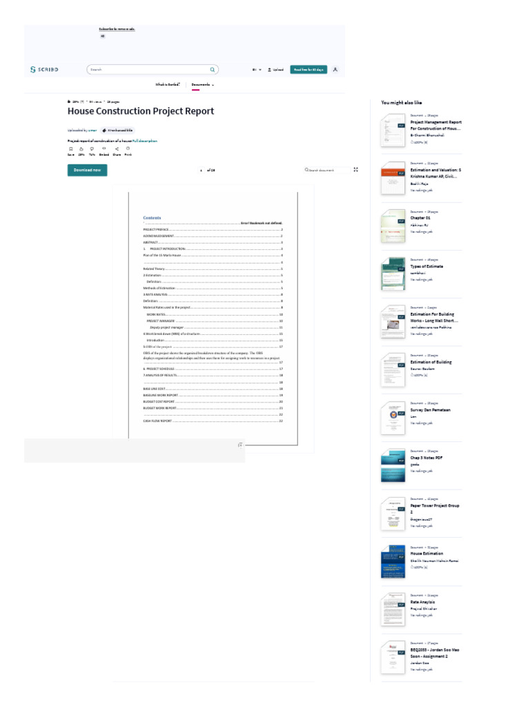 WWW Scribd Com Document 335129526 House Construction Project Report | PDF | Estimation