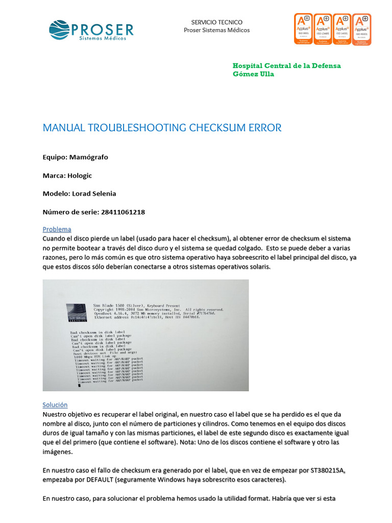 Manual Troubleshooting Checksum Lorad Selenia | PDF | Apoyo | Informática