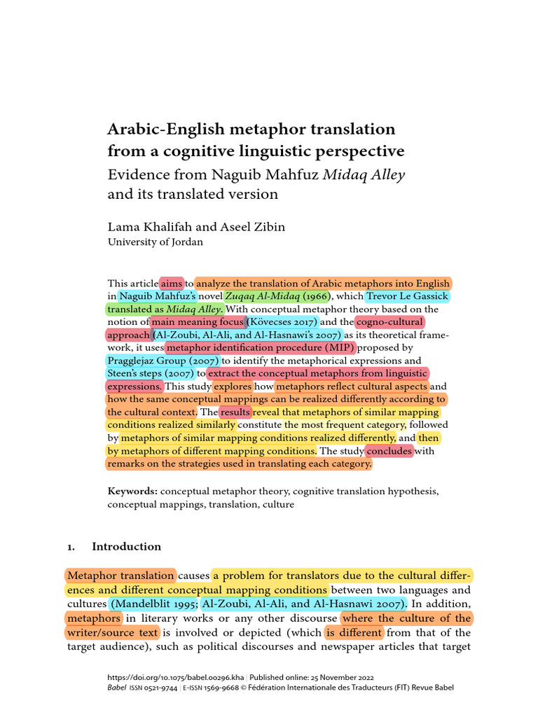 Arabic-English Metaphor Translation From A Cognitive Linguistic ...