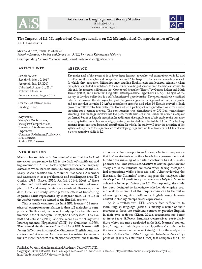 The Impact of L1 Metaphorical Comprehension On L2 Metaphorical Comprehension of Iraqi EFL ...