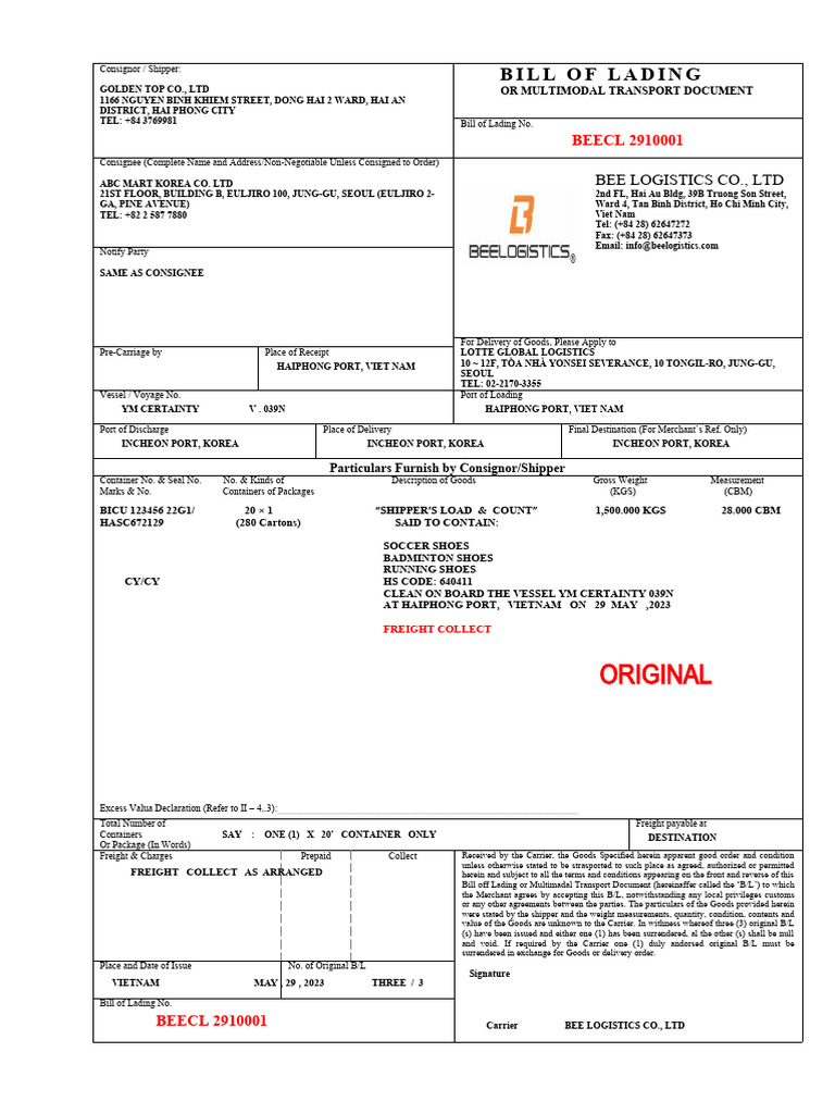 Original: Bill of Lading | PDF | Cargo | Bill Of Lading