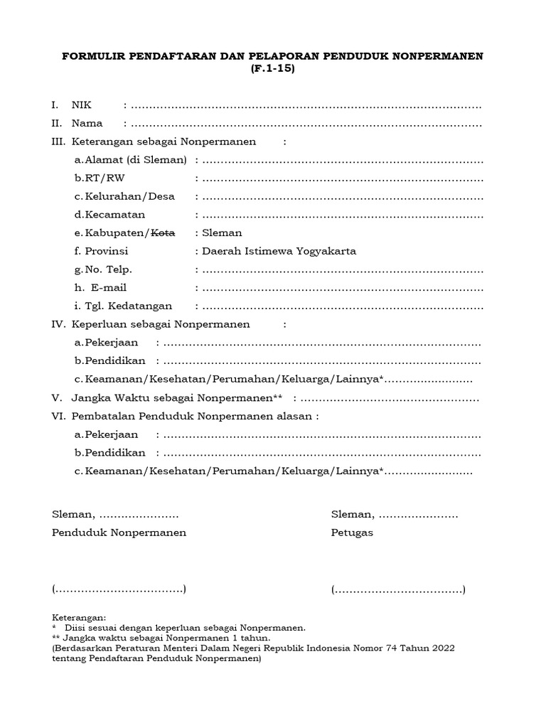 Form Pendaftaran Penduduk Nonpermanen | PDF