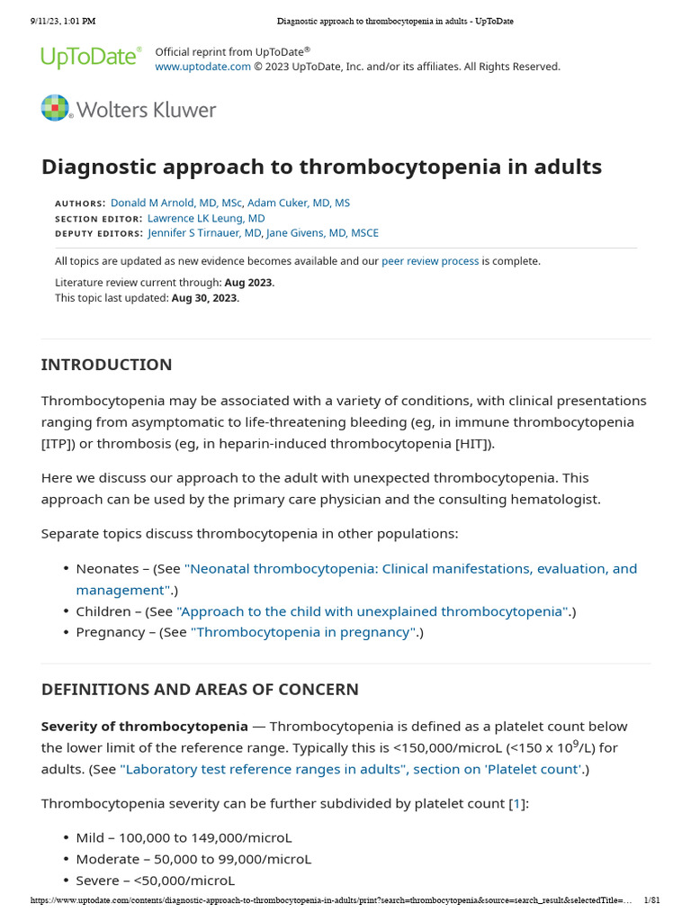Diagnostic approach to thrombocytopenia in adults - UpToDate | PDF | Medicine | Diseases And ...