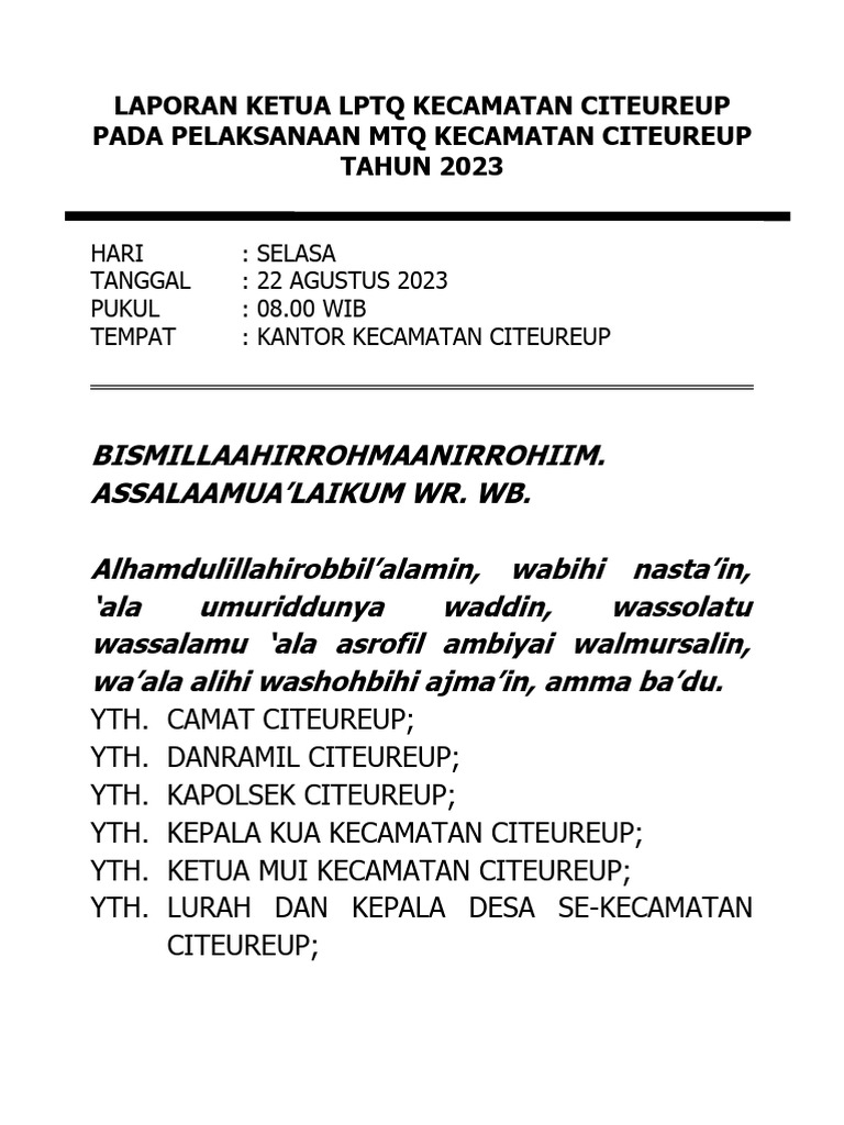 Laporan Ketua LPTQ 2023 | PDF