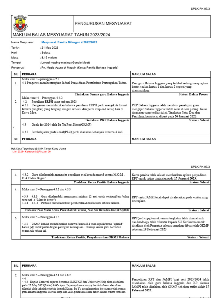 Maklum Balas Mesy Panitia 1 DMD | PDF