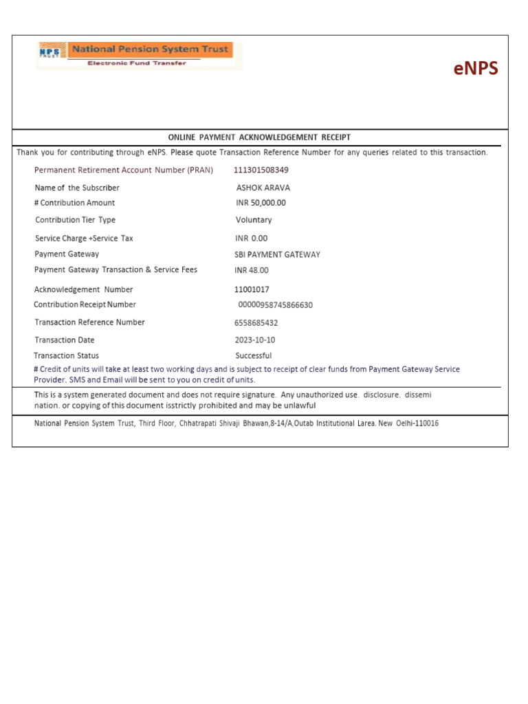AA NPS Receipt | PDF