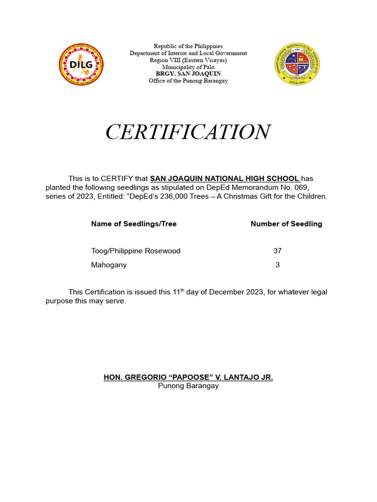 Certification On Tree Planting | PDF