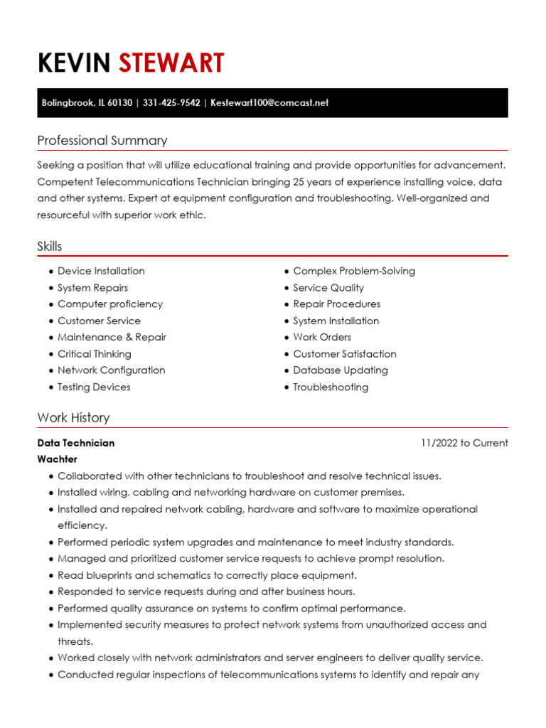 Telecommunications Technician Resume | PDF | Computer Network | Cable ...