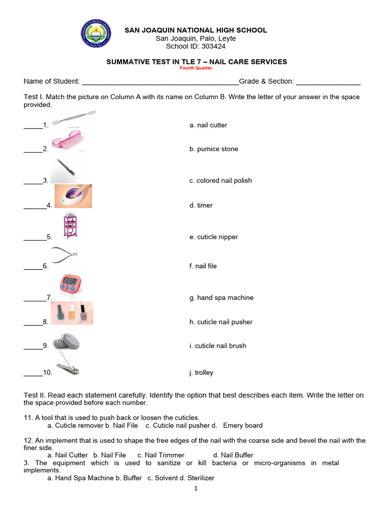 Summative Test in Tle 7 Nail Care Services | PDF | Nail (Anatomy ...