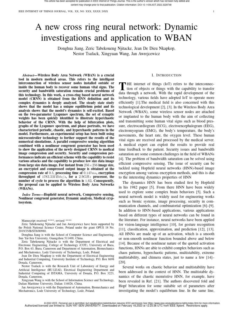 A New Cross Ring Neural Network Dynamic Investigations and Application To WBAN | Download Free ...