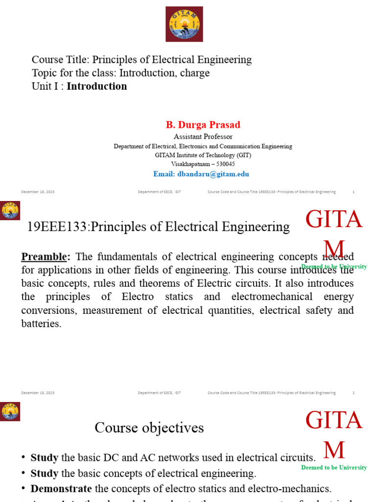 19EEE133-PEE PPT Class-1 | PDF | Electrical Network | Electricity