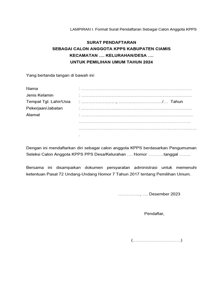 Dokumen Pendaftaran KPPS (Surat Pendaftaran, Surat Pernyataan, Dan DRH) | PDF | Olahraga & Rekreasi