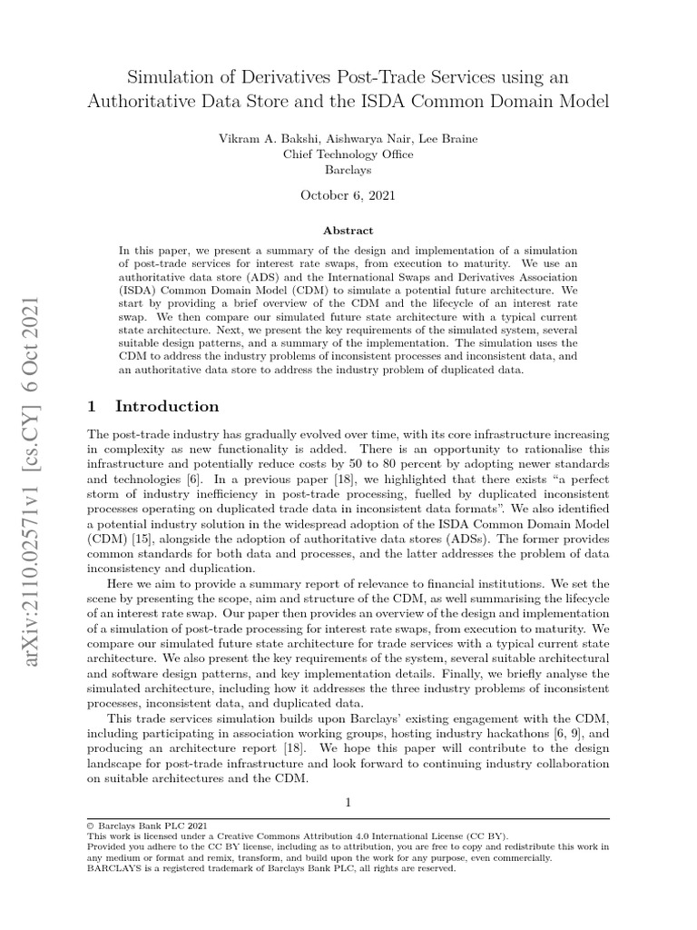 Simulation of Derivatives Post-Trade Services Using An Authoritative ...