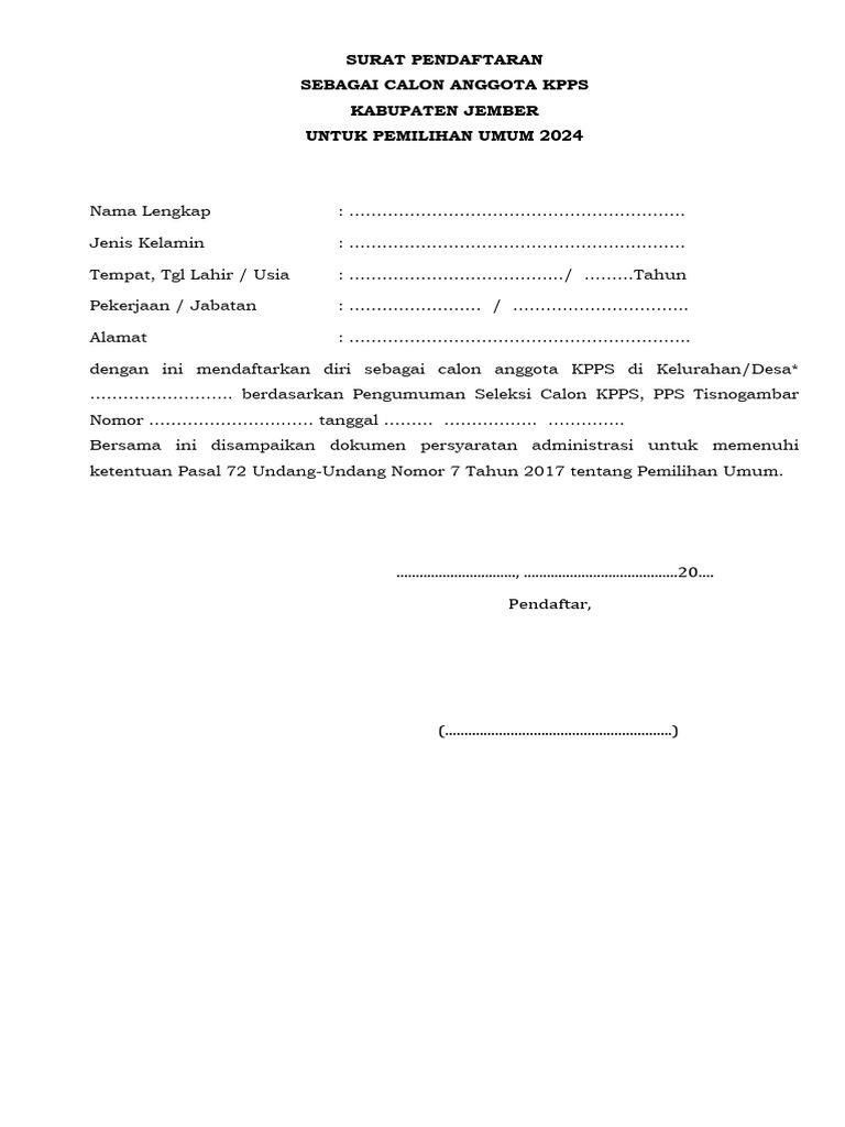 Surat Pendaftaran KPPS Tisnogambar | PDF