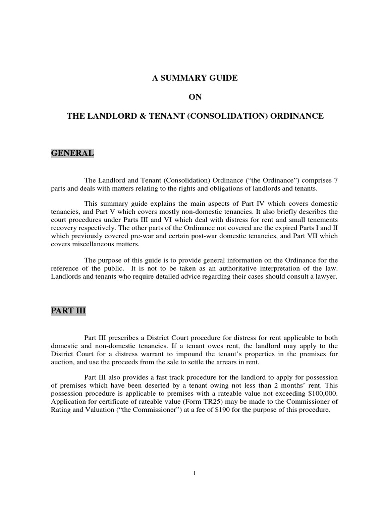 A Summary Guide On The Landlord & Tenant (Consolidation) Ordinance ...