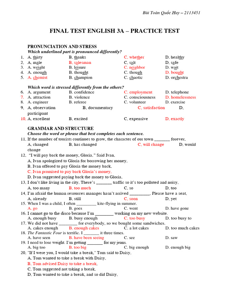 Practice Test English 3a | PDF | Association Football | Anxiety