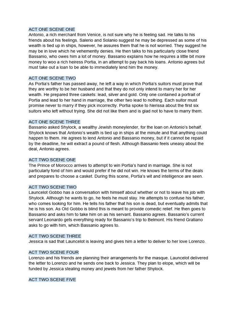 Act and Scene Summaries | PDF | The Merchant Of Venice