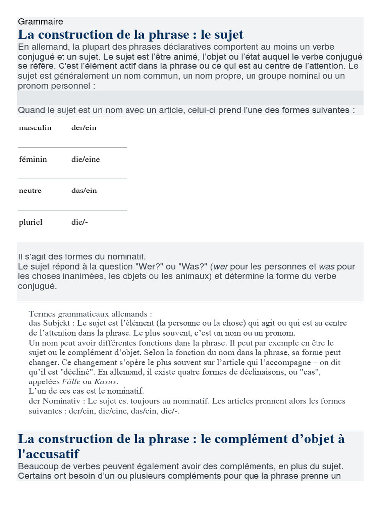 Construction de phrases en allemand | PDF | Nom (grammaire) | Sujet ...