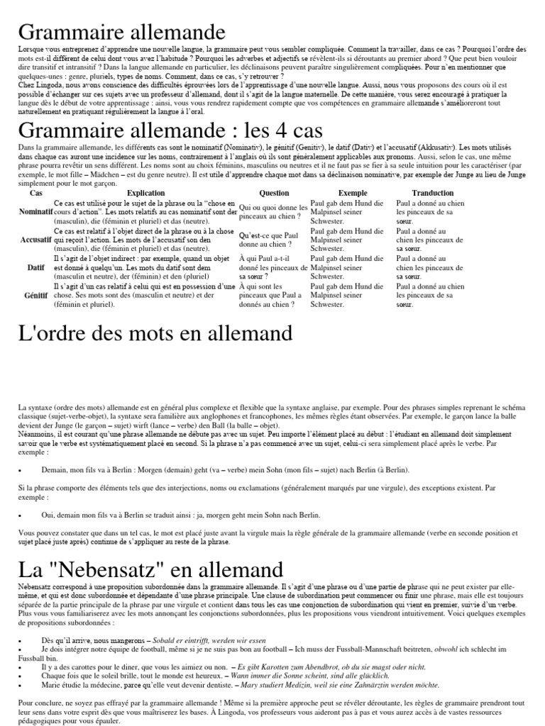 Grammaire allemande : les bases essentielles | PDF | Phrase | Genre ...