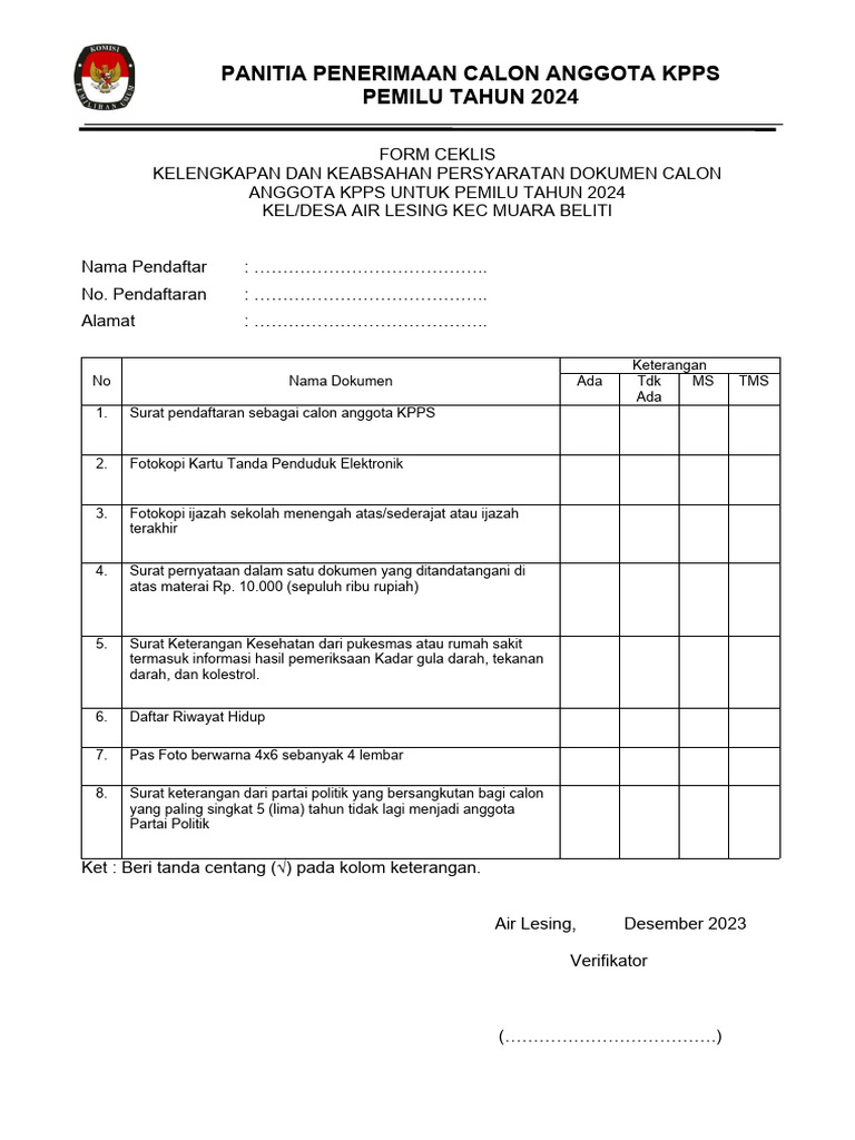 Form Ceklis Kelngkapan Berkas Calon Anggota KPPS Pemilu 2024 | PDF