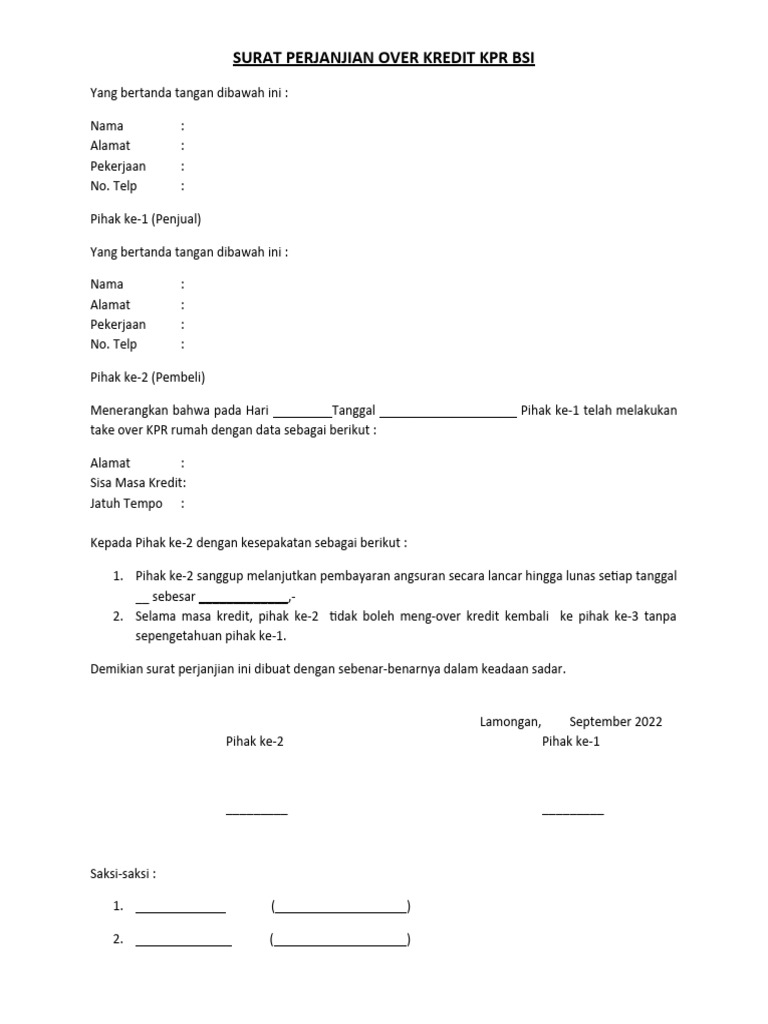 Surat Perjanjian Over Kredit KPR BSI | PDF