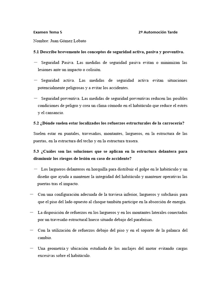 Examen Tema 5 Estructuras Del Vehículo | PDF