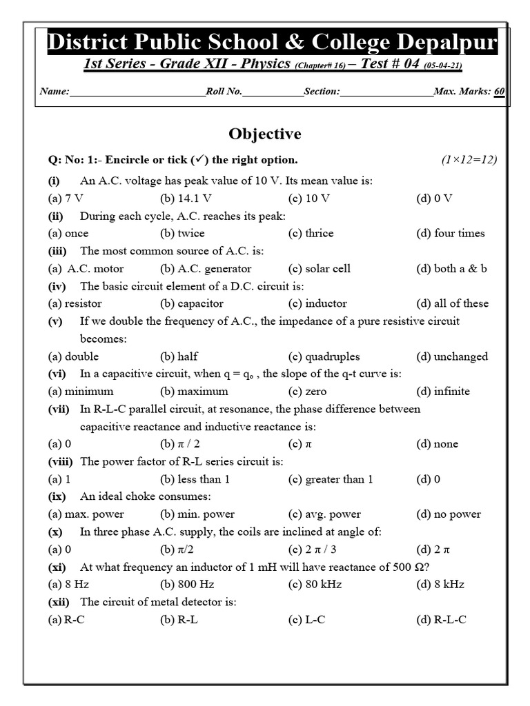FSc-2 - 1st Series - T#04 (05-04-20) - Converted 2 | PDF | Inductor | Electrical Engineering