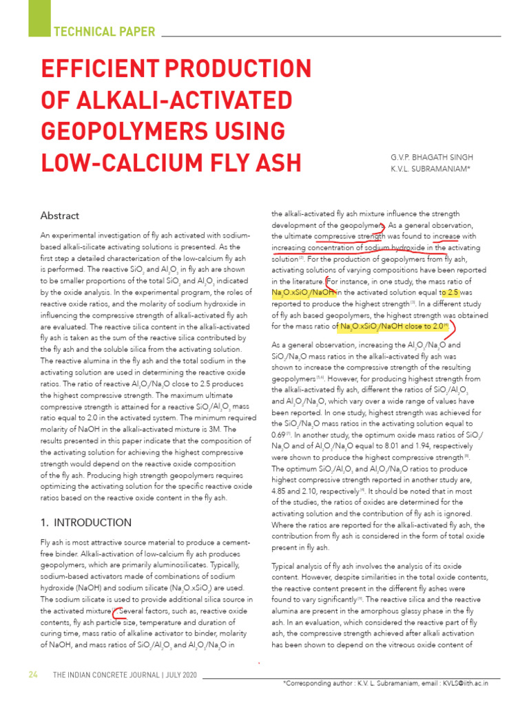 Efficient Production of Alkali Activated Geopolymers Using Low Calcium Fly Ash | PDF | Sodium ...
