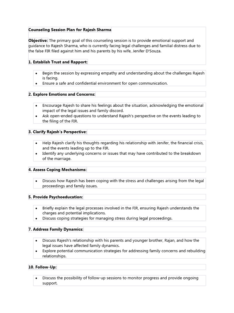Counseling Session Plan For Rajesh Sharma | PDF