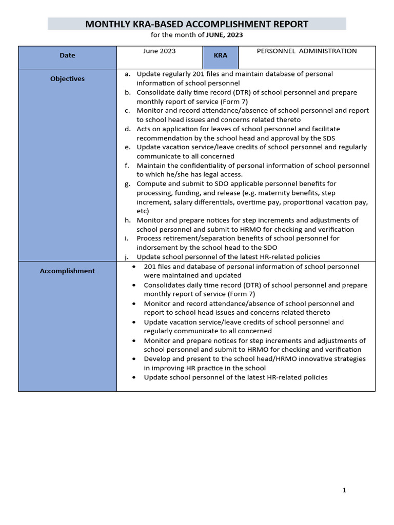 June 2023 KRA Accomplishment Report | PDF