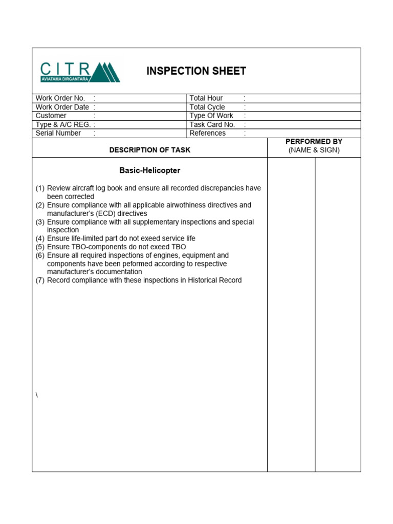 008 Inspection Sheet (Task Card) | PDF