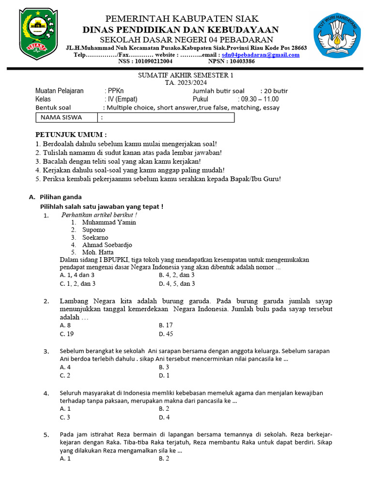 Soal Sumatif Akhir Semester 1 Kelas 4 Mapel PPKN | PDF | Kesehatan Holistik