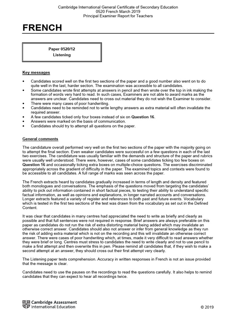 French: Paper 0520/12 Listening | PDF | Verb | Question