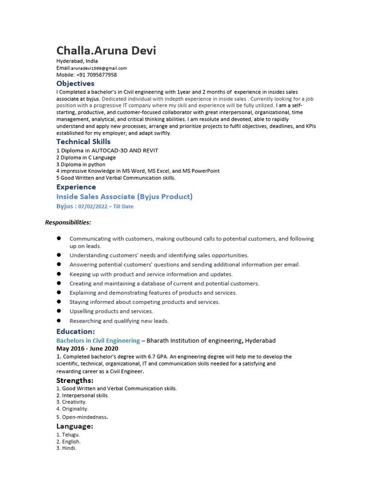 Challa Aruna Devi Sakes Resume | PDF