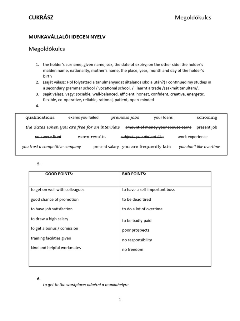 MUNKAVÃ - LLALÃ - I IDEGEN NYELV Cukrã¡sz Megoldã Kulcs | PDF
