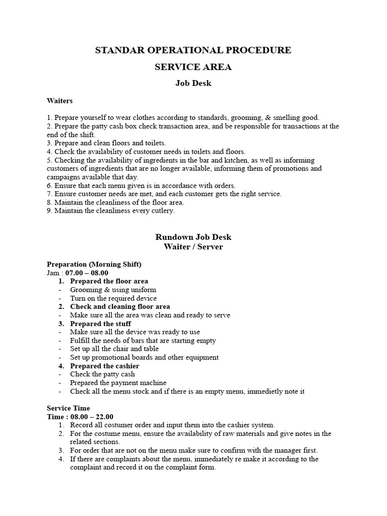 Waitstaff Standard Operating Procedures | PDF | Waiting Staff | Menu
