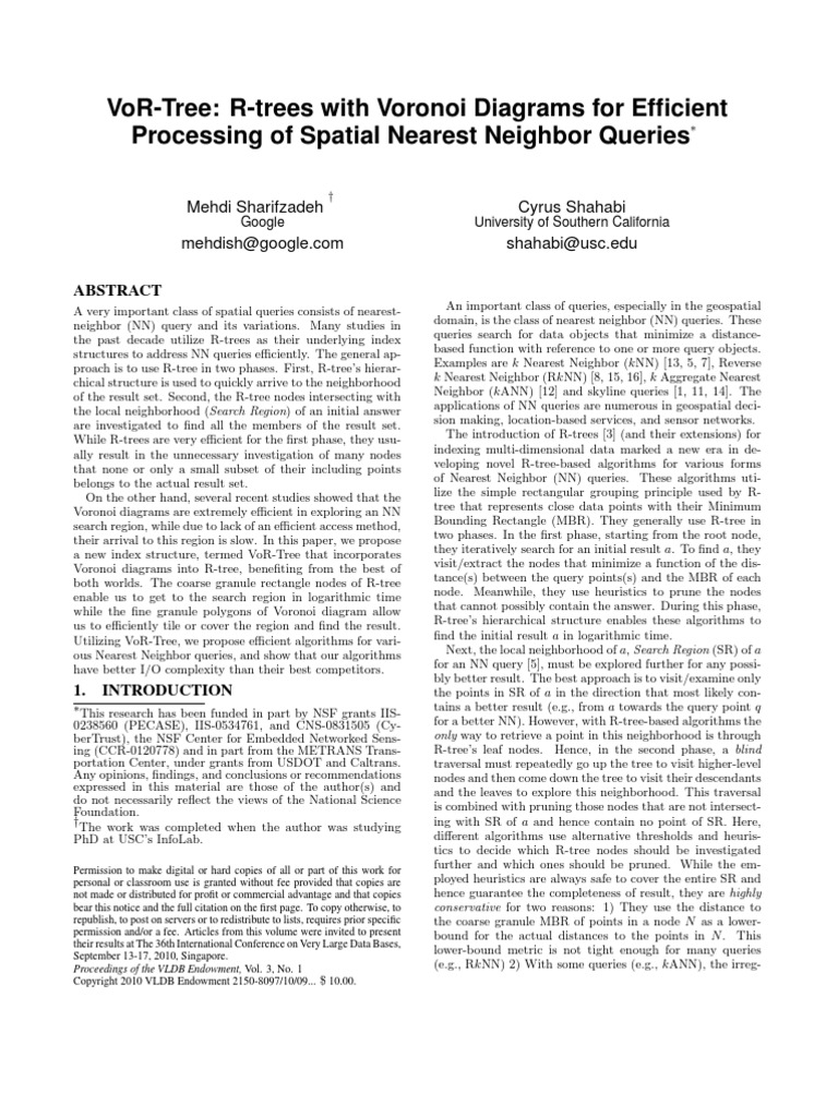 Vor-Tree: R-Trees With Voronoi Diagrams For Efficient Processing of Spatial Nearest Neighbor ...