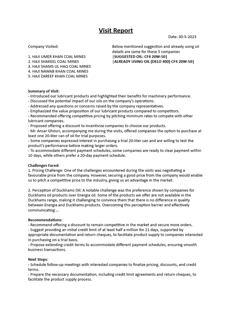 Visit Report | PDF | Credit | Finance & Money Management