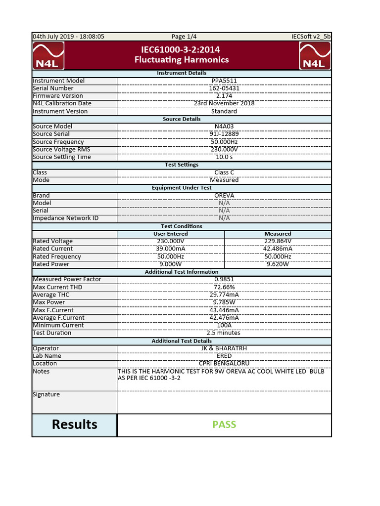9W OREVA LED Harmonic Test Report | PDF | Physical Quantities ...