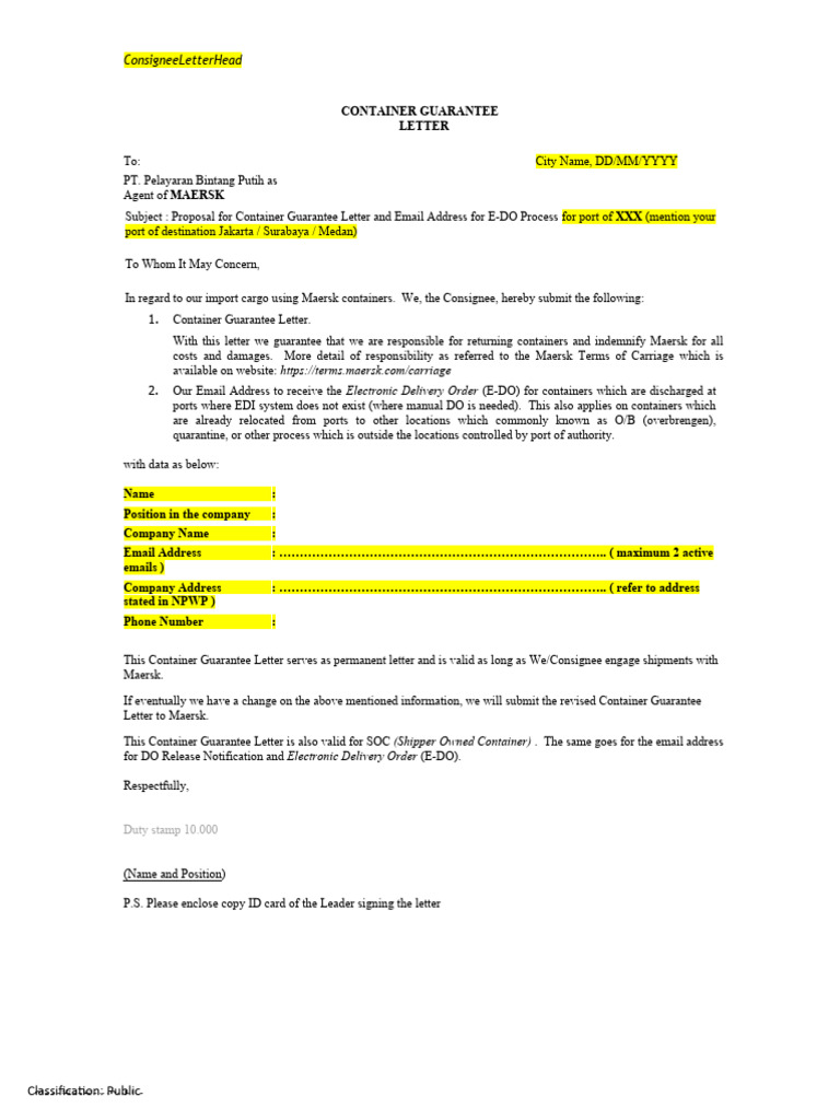 Maersk Container Guarantee Permanent Letter | PDF | Supply Chain ...