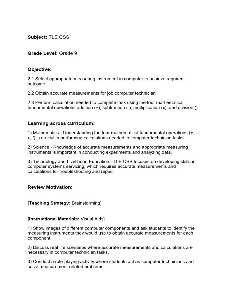 Lesson - Plan TLE CSS GRADE 9 | PDF | Mathematics | Measurement